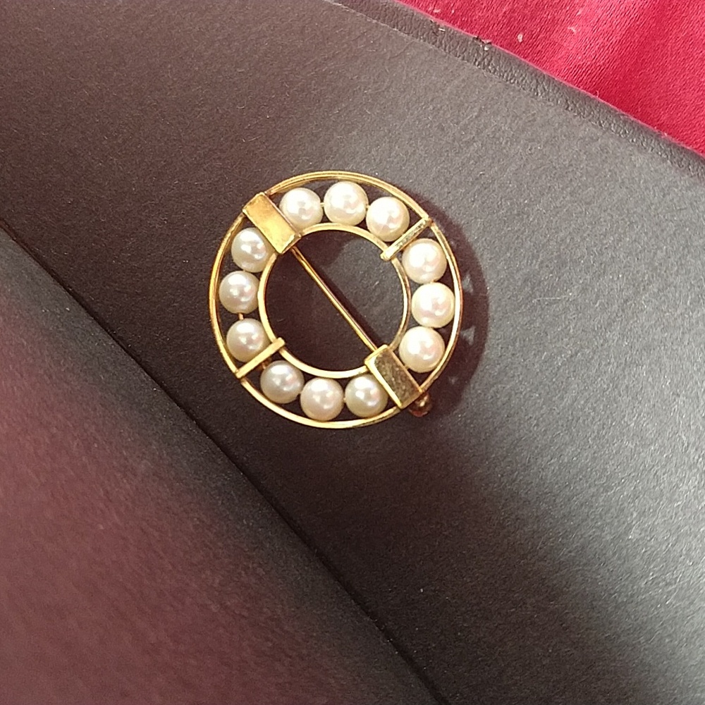 Vintage Pearl Circle Brooch Pin 14k Gf Gold Filled - Gem